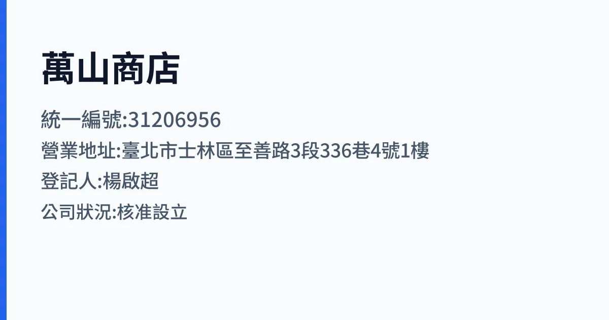 萬山商店 - 統編 31206956(臺北市) 公司登記資料與營業項目詳細圖表