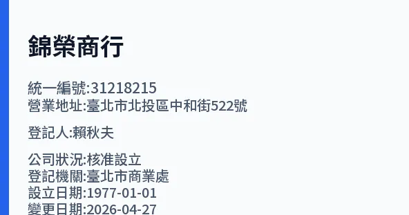 錦榮商行的照片-統編 31218215(臺北市) 公司登記資料與營業項目詳細圖表