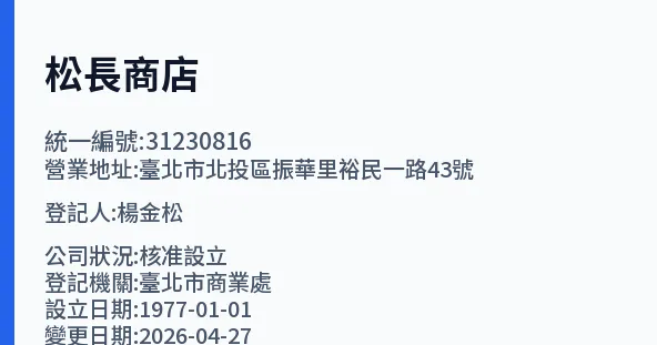 松長商店的照片-統編 31230816(臺北市) 公司登記資料與營業項目詳細圖表