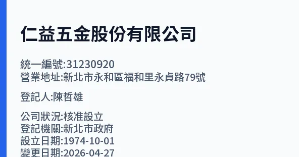 仁益五金股份有限公司的照片-統編 31230920(新北市) 公司登記資料與營業項目詳細圖表