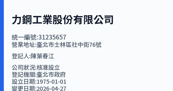 力鋼工業股份有限公司的照片-統編 31235657(臺北市) 公司登記資料與營業項目詳細圖表