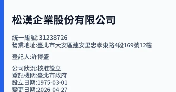 松漢企業股份有限公司的照片-統編 31238726(臺北市) 公司登記資料與營業項目詳細圖表