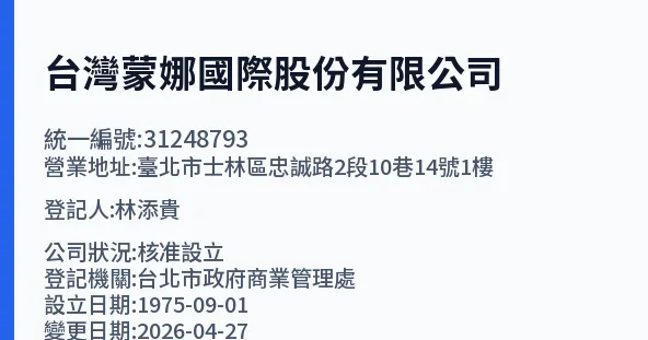 台灣蒙娜國際股份有限公司的照片-統編 31248793(臺北市) 公司登記資料與營業項目詳細圖表