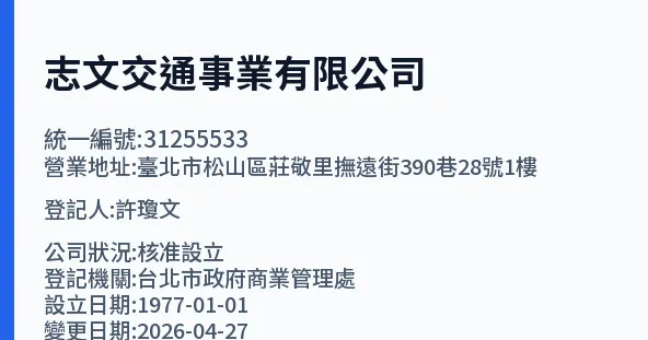 志文交通事業有限公司的照片-統編 31255533(臺北市) 公司登記資料與營業項目詳細圖表