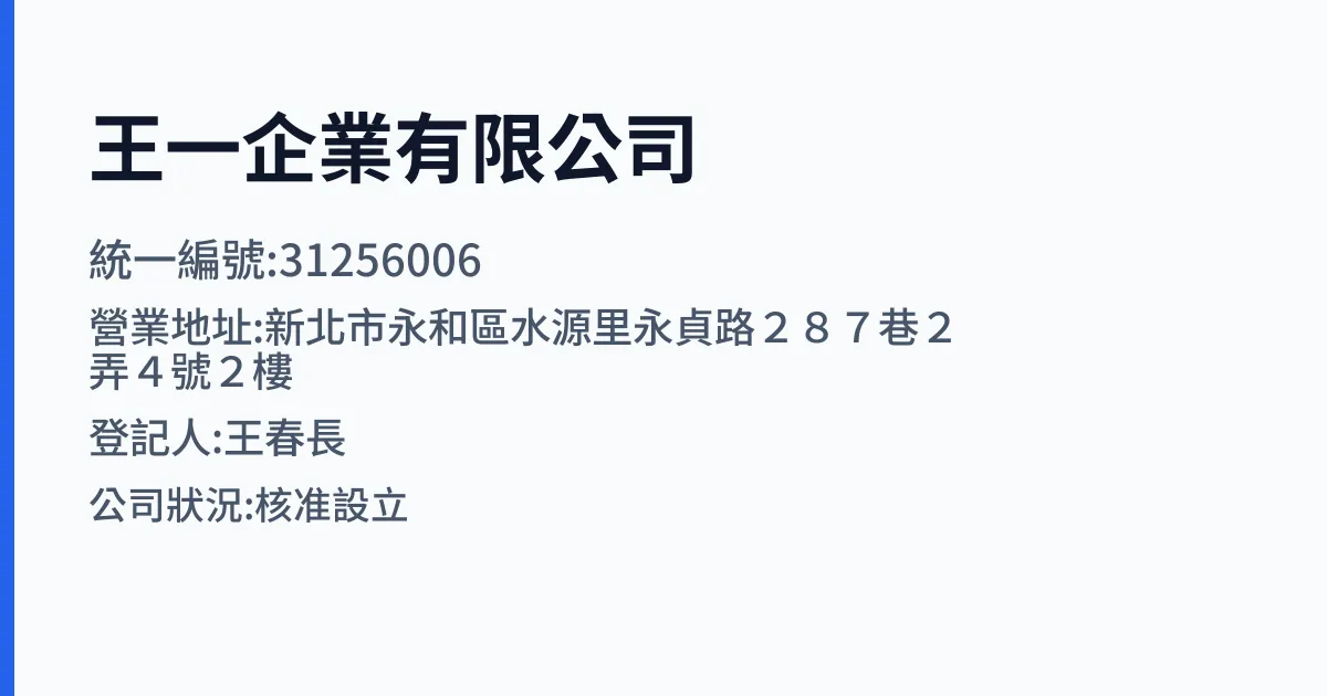 王一企業有限公司 - 統編 31256006（新北市） 公司登記資料與營業項目詳細圖表