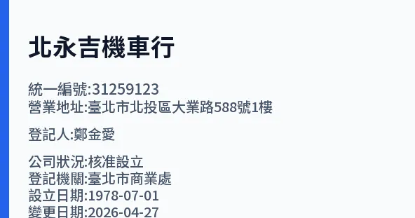 北永吉機車行的照片-統編 31259123(臺北市) 公司登記資料與營業項目詳細圖表