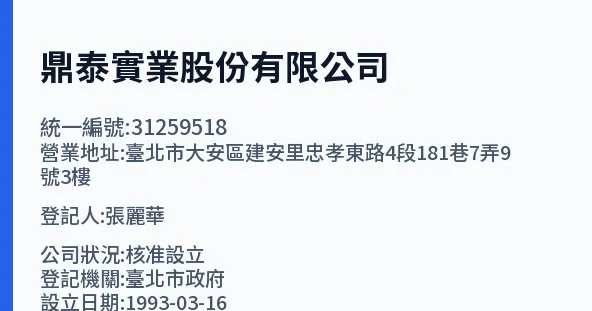 鼎泰實業股份有限公司的照片-統編 31259518(臺北市) 公司登記資料與營業項目詳細圖表