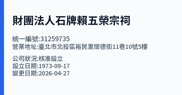財團法人石牌賴五榮宗祠的照片-統編 31259735(臺北市) 公司登記資料與營業項目詳細圖表