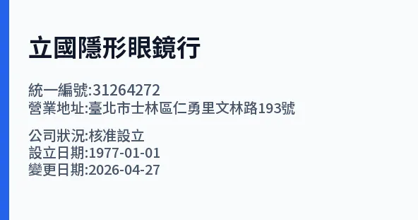 立國隱形眼鏡行的照片-統編 31264272(臺北市) 公司登記資料與營業項目詳細圖表