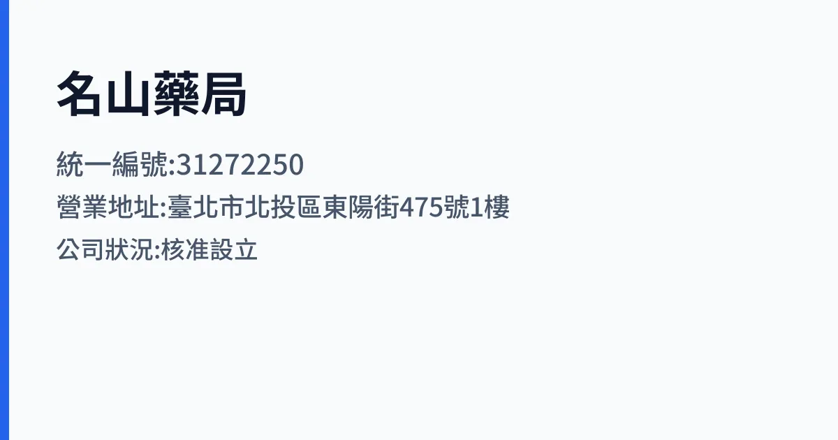 名山藥局 - 統編 31272250(臺北市) 公司登記資料與營業項目詳細圖表