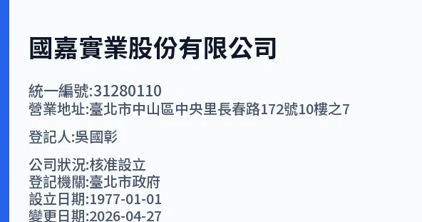 國嘉實業股份有限公司的照片-統編 31280110(臺北市) 公司登記資料與營業項目詳細圖表
