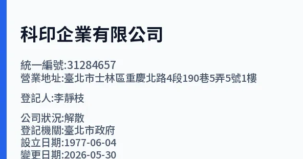 科印企業有限公司的照片-統編 31284657(臺北市) 公司登記資料與營業項目詳細圖表