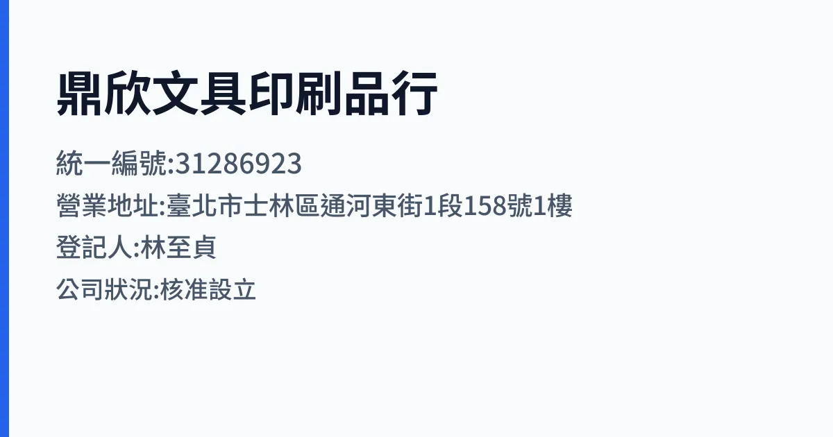 鼎欣文具印刷品行 - 統編 31286923(臺北市) 公司登記資料與營業項目詳細圖表