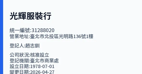 光輝服裝行的照片-統編 31288020(臺北市) 公司登記資料與營業項目詳細圖表