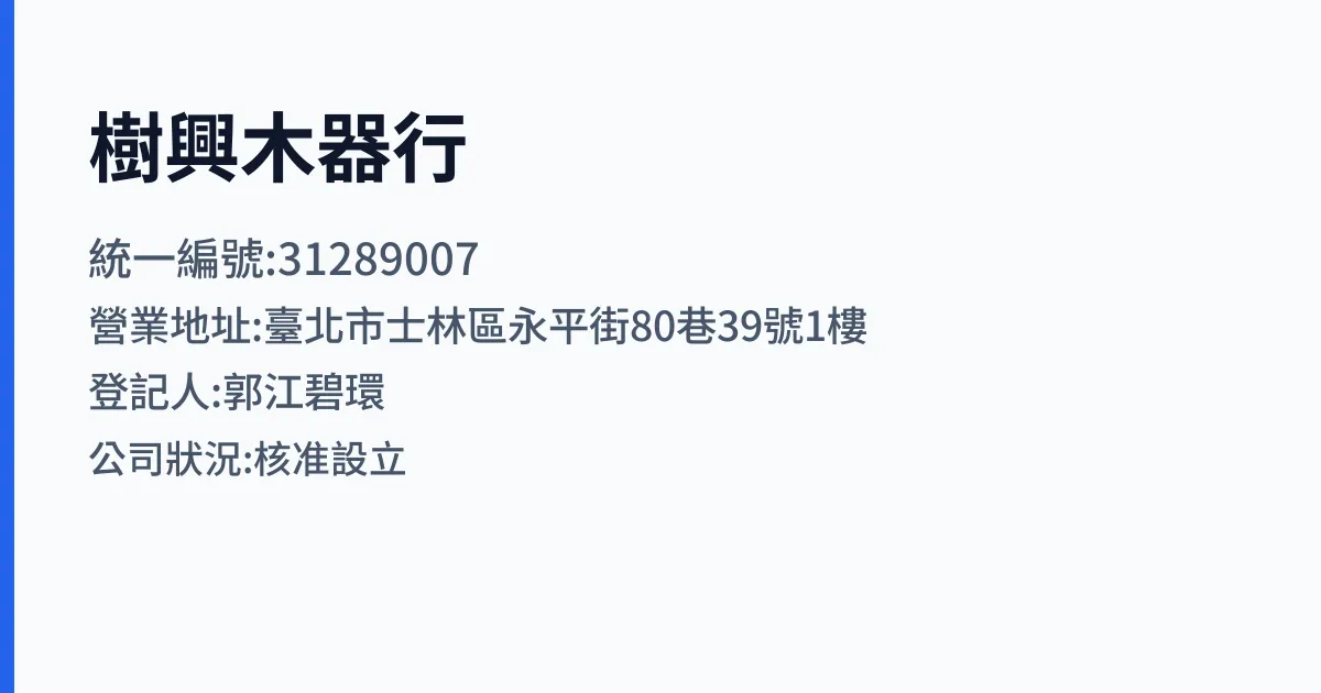 樹興木器行 - 統編 31289007(臺北市) 公司登記資料與營業項目詳細圖表