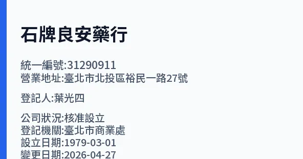 石牌良安藥行的照片-統編 31290911(臺北市) 公司登記資料與營業項目詳細圖表
