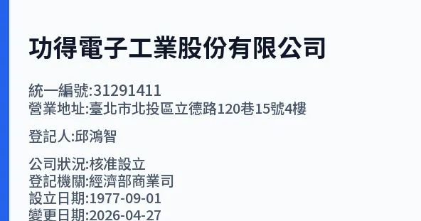 功得電子工業股份有限公司的照片-統編 31291411(臺北市) 公司登記資料與營業項目詳細圖表