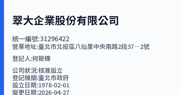 翠大企業股份有限公司的照片-統編 31296422(臺北市) 公司登記資料與營業項目詳細圖表
