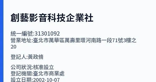 創藝影音科技企業社的照片-統編 31301092(臺北市) 公司登記資料與營業項目詳細圖表