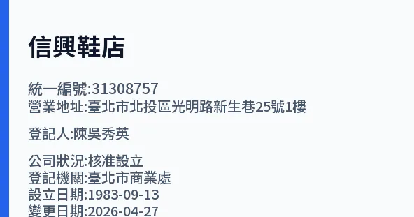 信興鞋店的照片-統編 31308757(臺北市) 公司登記資料與營業項目詳細圖表