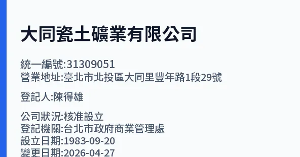 大同瓷土礦業有限公司的照片-統編 31309051(臺北市) 公司登記資料與營業項目詳細圖表