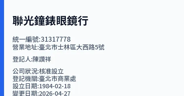 聯光鐘錶眼鏡行的照片-統編 31317778(臺北市) 公司登記資料與營業項目詳細圖表