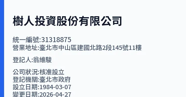 樹人投資股份有限公司的照片-統編 31318875(臺北市) 公司登記資料與營業項目詳細圖表