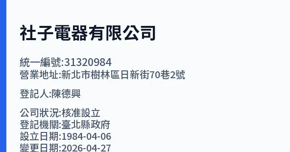 社子電器有限公司的照片-統編 31320984(新北市) 公司登記資料與營業項目詳細圖表