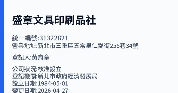 盛章文具印刷品社的照片-統編 31322821(新北市) 公司登記資料與營業項目詳細圖表