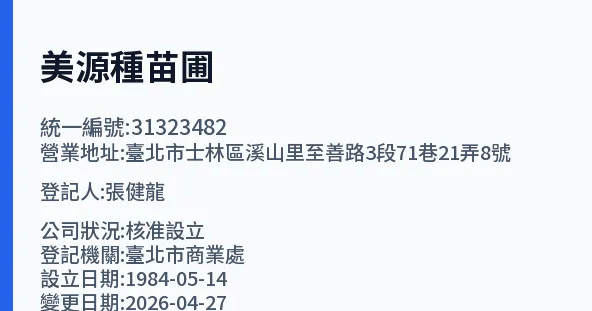 美源種苗圃的照片-統編 31323482(臺北市) 公司登記資料與營業項目詳細圖表