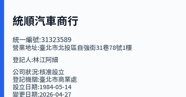 統順汽車商行的照片-統編 31323589(臺北市) 公司登記資料與營業項目詳細圖表