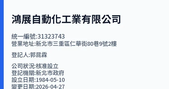 鴻展自動化工業有限公司的照片-統編 31323743(新北市) 公司登記資料與營業項目詳細圖表