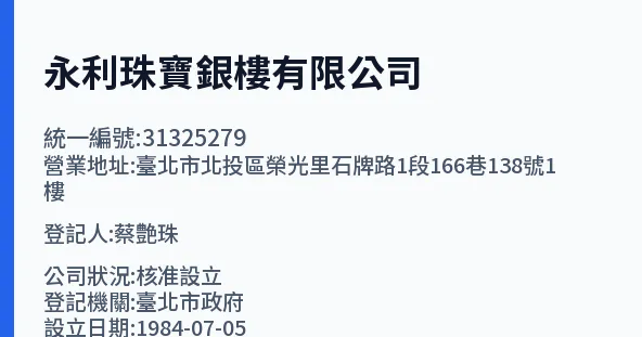 永利珠寶銀樓有限公司的照片-統編 31325279(臺北市) 公司登記資料與營業項目詳細圖表