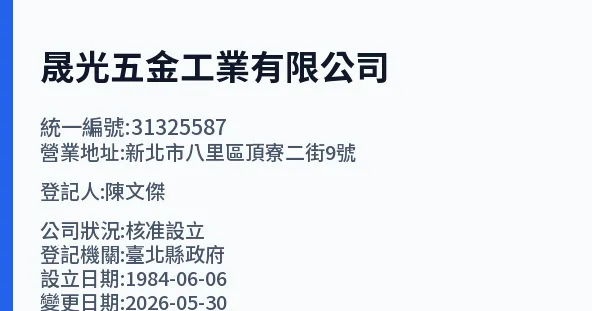 晟光五金工業有限公司的照片-統編 31325587(新北市) 公司登記資料與營業項目詳細圖表
