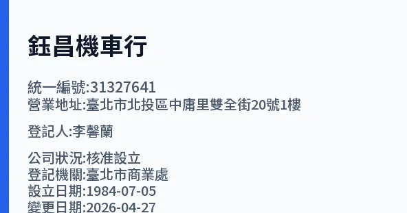 鈺昌機車行的照片-統編 31327641(臺北市) 公司登記資料與營業項目詳細圖表