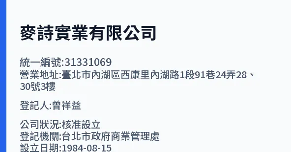 麥詩實業有限公司的照片-統編 31331069(臺北市) 公司登記資料與營業項目詳細圖表
