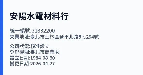 安陽水電材料行的照片-統編 31332200(臺北市) 公司登記資料與營業項目詳細圖表