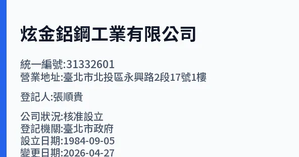 炫金鋁鋼工業有限公司的照片-統編 31332601(臺北市) 公司登記資料與營業項目詳細圖表