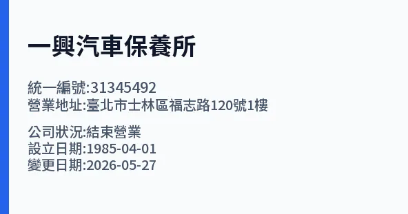 一興汽車保養所的照片-統編 31345492(臺北市) 公司登記資料與營業項目詳細圖表