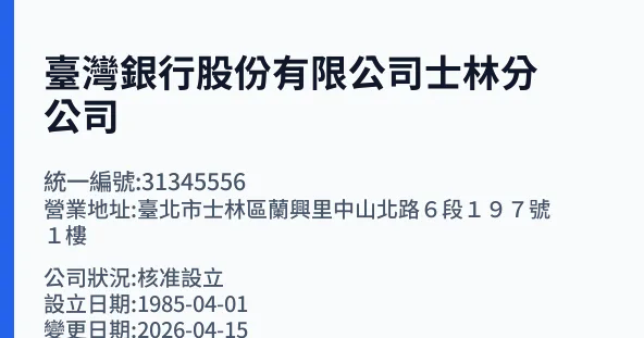 臺灣銀行股份有限公司士林分公司的照片-統編 31345556(臺北市) 公司登記資料與營業項目詳細圖表