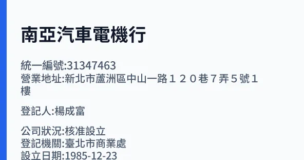 南亞汽車電機行的照片-統編 31347463(新北市) 公司登記資料與營業項目詳細圖表