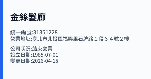 金絲髮廊的照片-統編 31351228(臺北市) 公司登記資料與營業項目詳細圖表