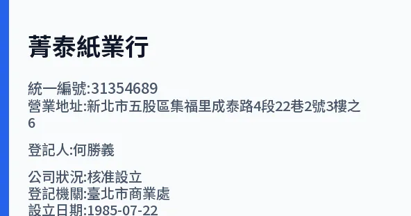 菁泰紙業行的照片-統編 31354689(新北市) 公司登記資料與營業項目詳細圖表