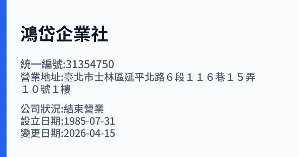 鴻岱企業社的照片-統編 31354750(臺北市) 公司登記資料與營業項目詳細圖表