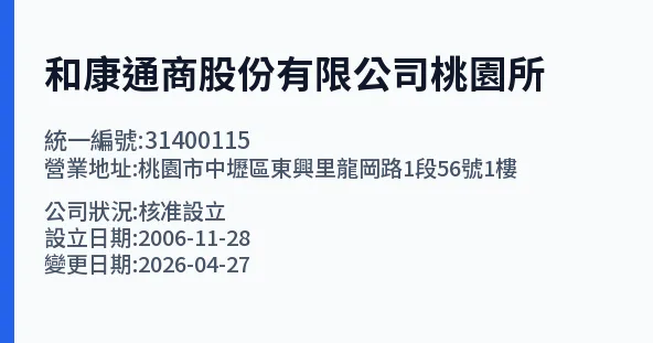 和康通商股份有限公司桃園所的照片-統編 31400115(桃園市) 公司登記資料與營業項目詳細圖表