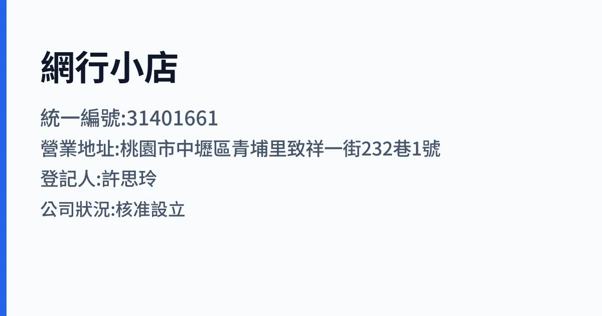 網行小店 - 統編 31401661(桃園市) 公司登記資料與營業項目詳細圖表