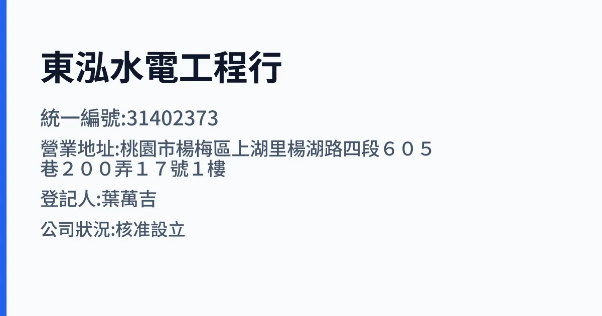 東泓水電工程行 - 統編 31402373(桃園市) 公司登記資料與營業項目詳細圖表
