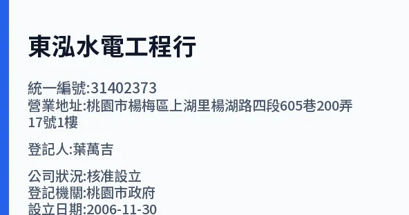 東泓水電工程行的照片-統編 31402373(桃園市) 公司登記資料與營業項目詳細圖表