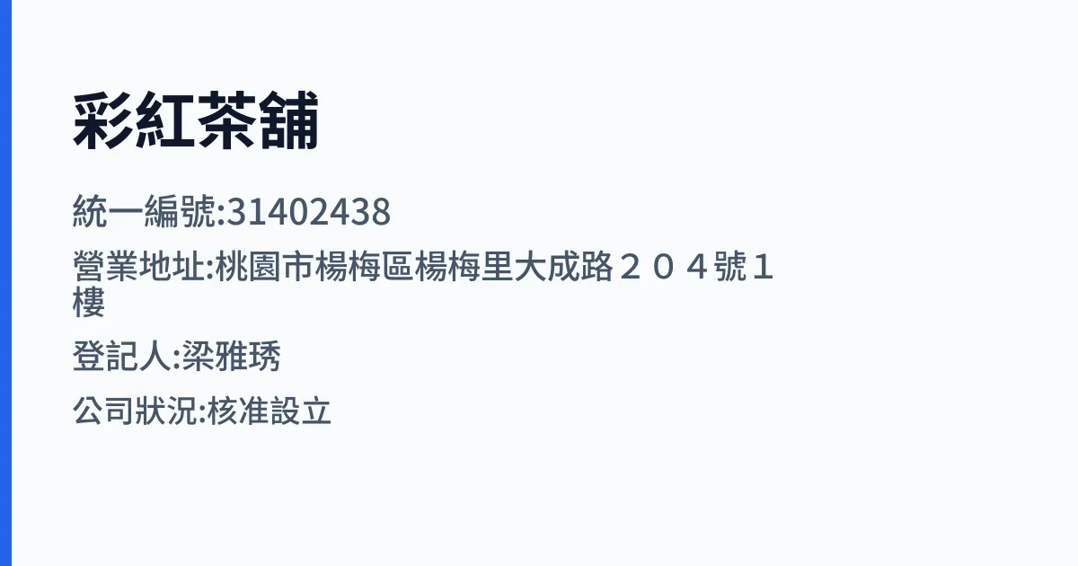 彩紅茶舖 - 統編 31402438(桃園市) 公司登記資料與營業項目詳細圖表