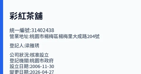 彩紅茶舖的照片-統編 31402438(桃園市) 公司登記資料與營業項目詳細圖表